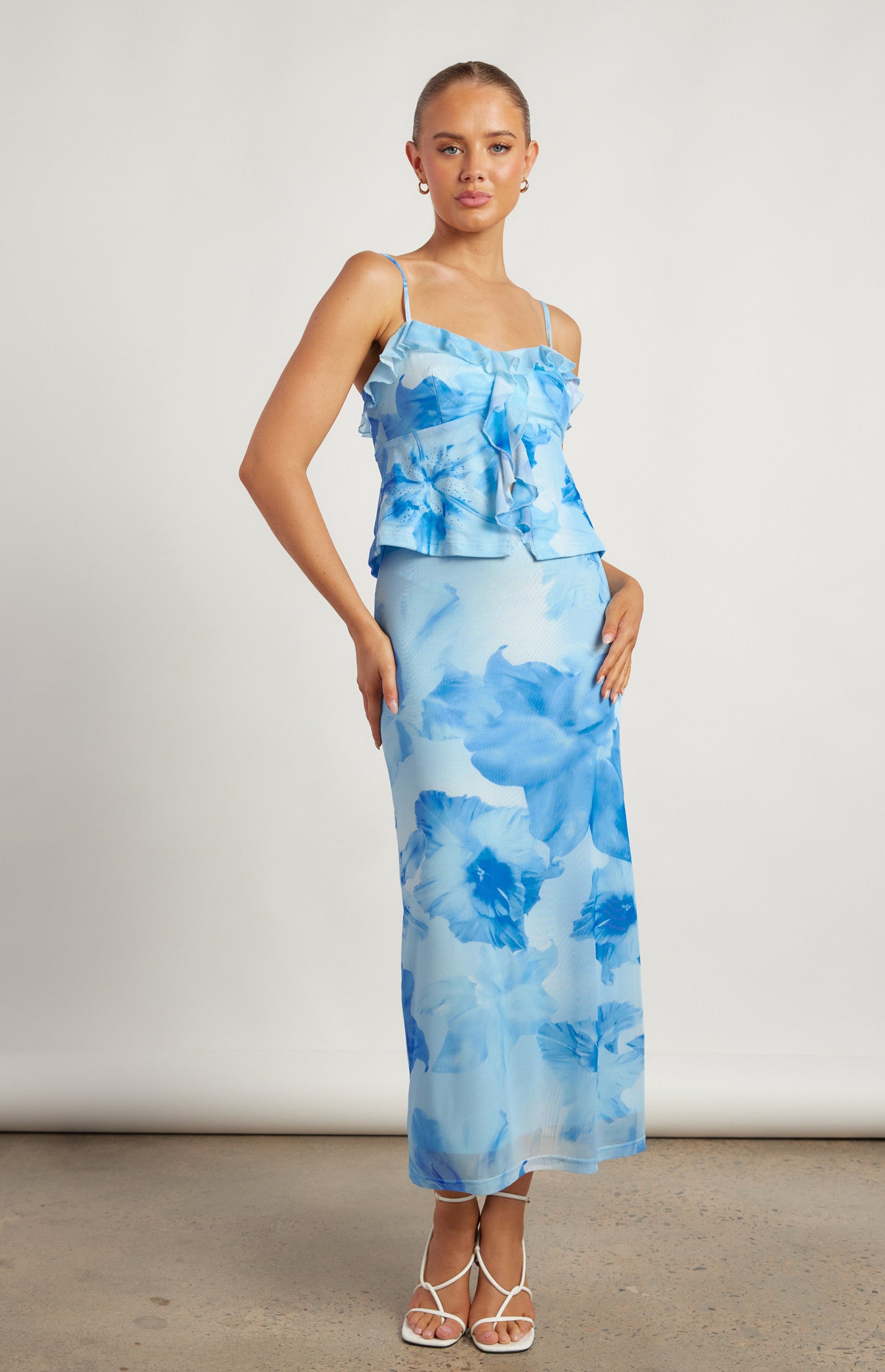 Tropical Floral Print Front Split Mesh Top and Skirt Set | Citrine ...